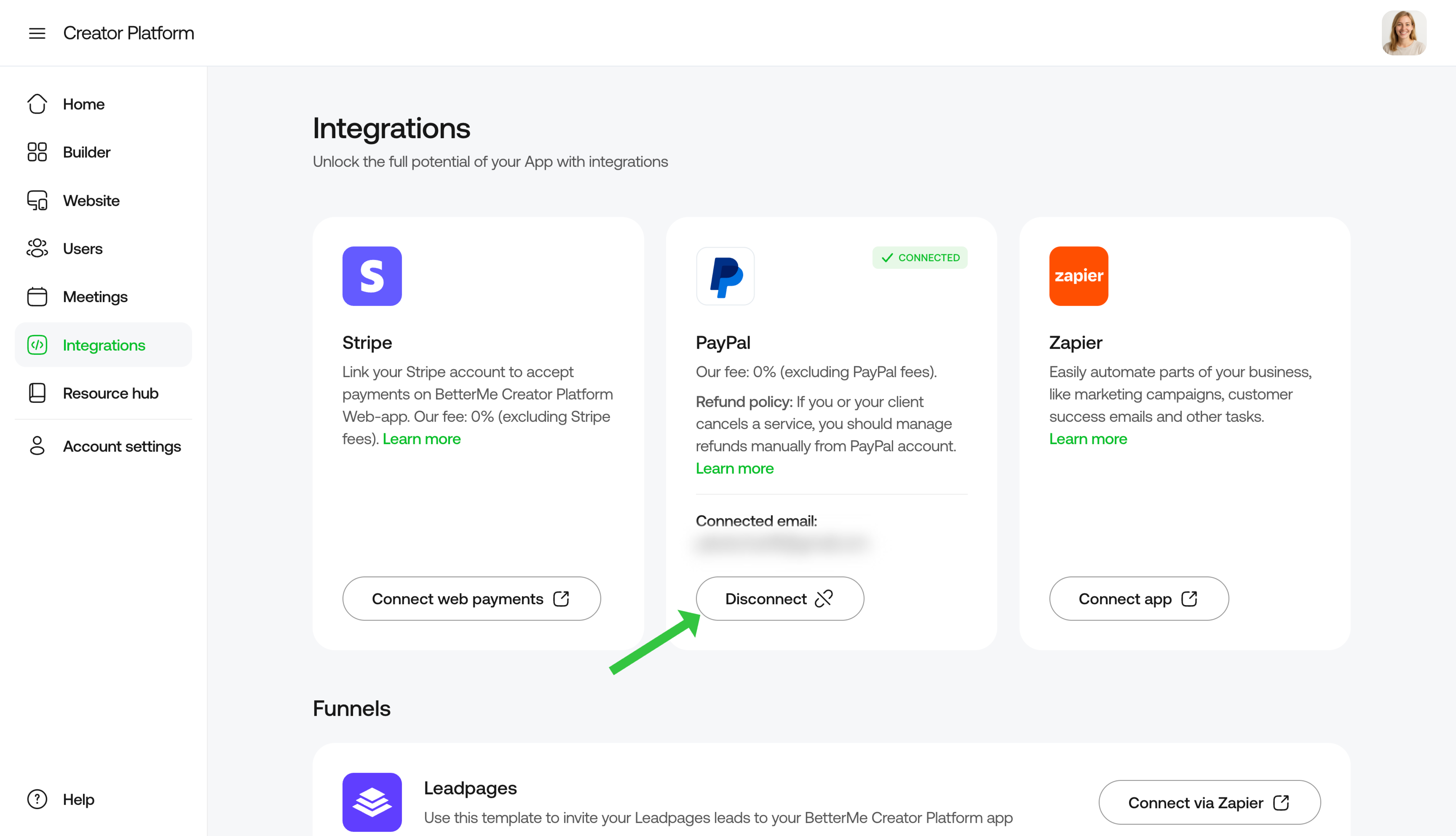 Disconnecting PayPal/Stripe From Creator Platform – BetterMe Creator Platform